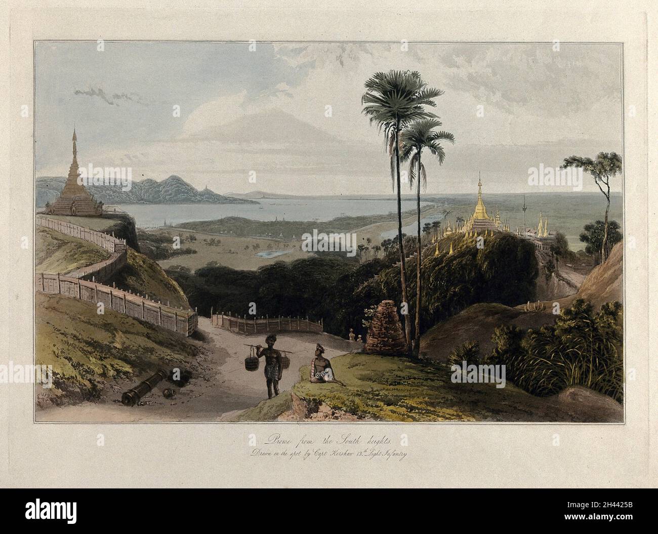 Prome (Pyay), Burma, seen from the south. Coloured aquatint by William ...