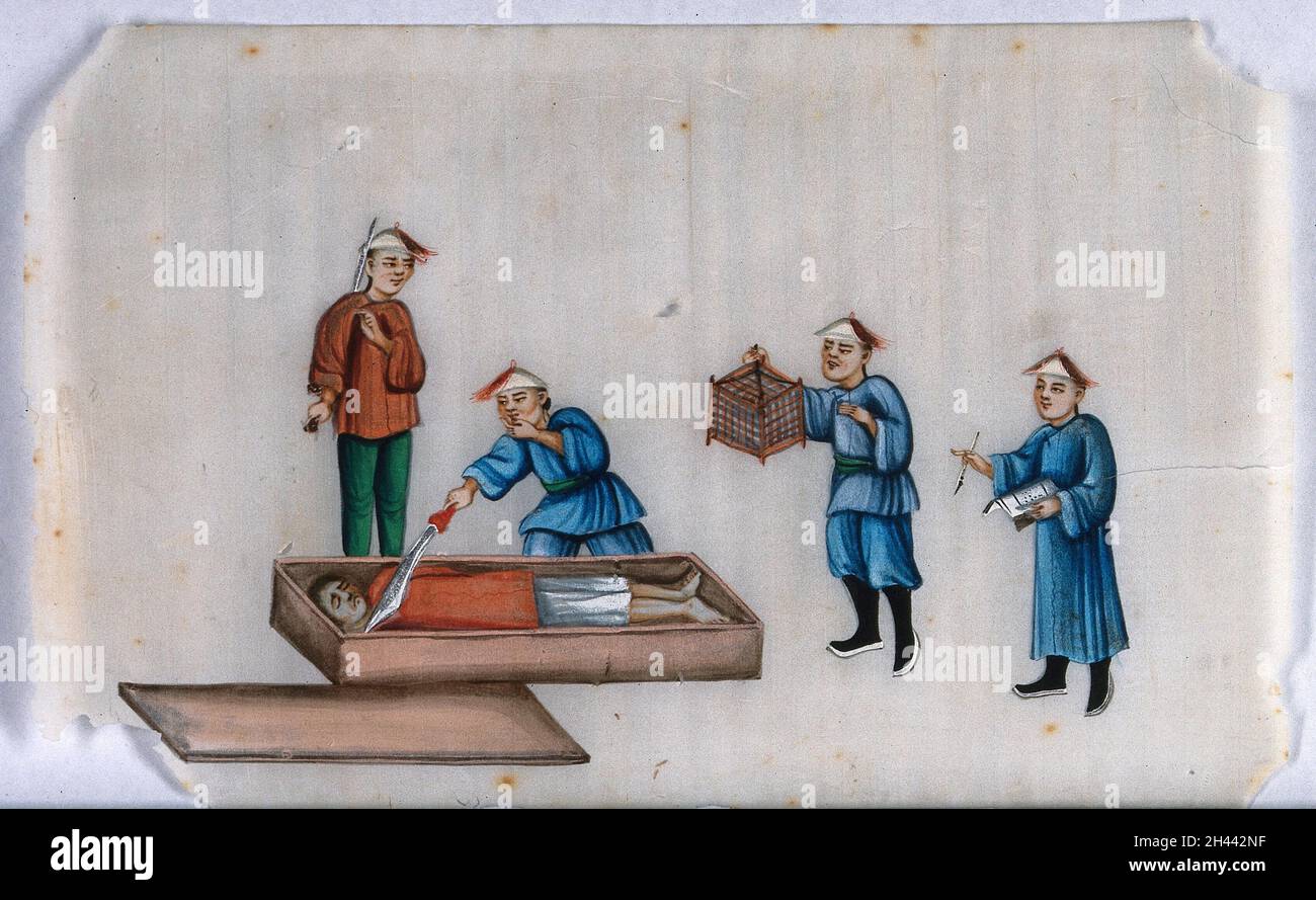 Chinese armed guards check a inspect a corpse in a coffin. Gouache ...