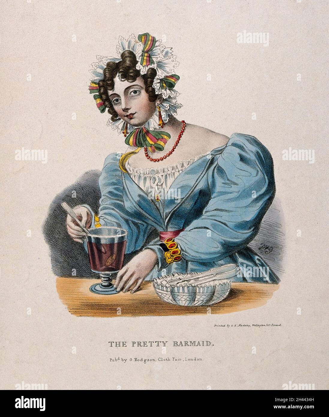 A pretty barmaid mixing a drink in a glass. Coloured lithograph, c ...