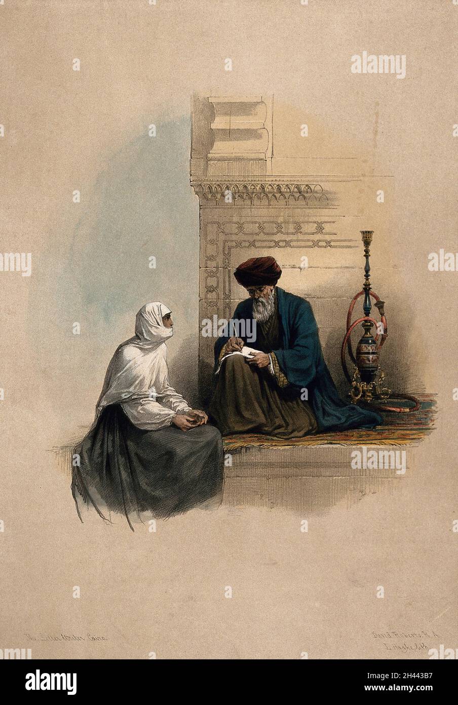 A Coptic Christian woman dictating a letter to a scribe, Cairo, Egypt. Coloured lithograph by ...