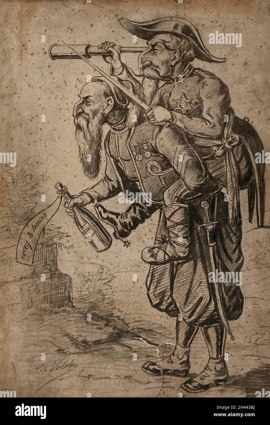 A Zouave soldier, holding a poison bottle, is carrying on his back ...