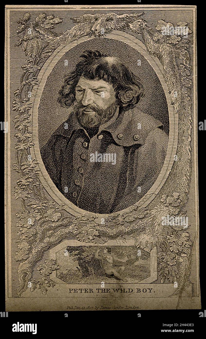 Peter, the wild boy, with vignette below surrounded by foliage ...