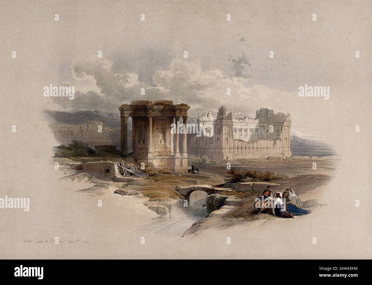 Circular temple at Baalbec. Coloured lithograph by Louis Haghe after ...