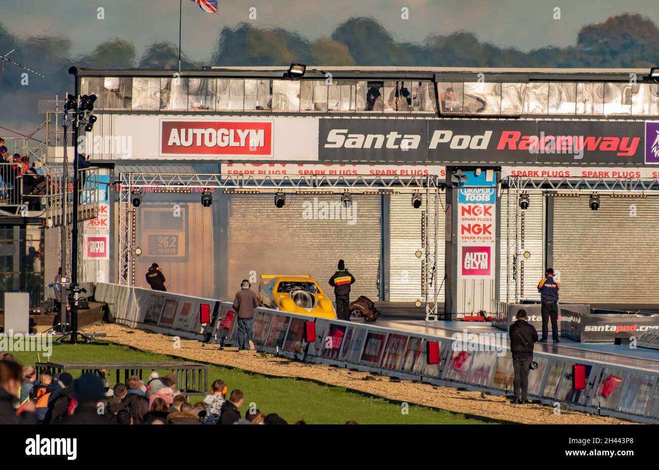 Jet engine dragster on the start line of the quarter mile on Santa Pod ...