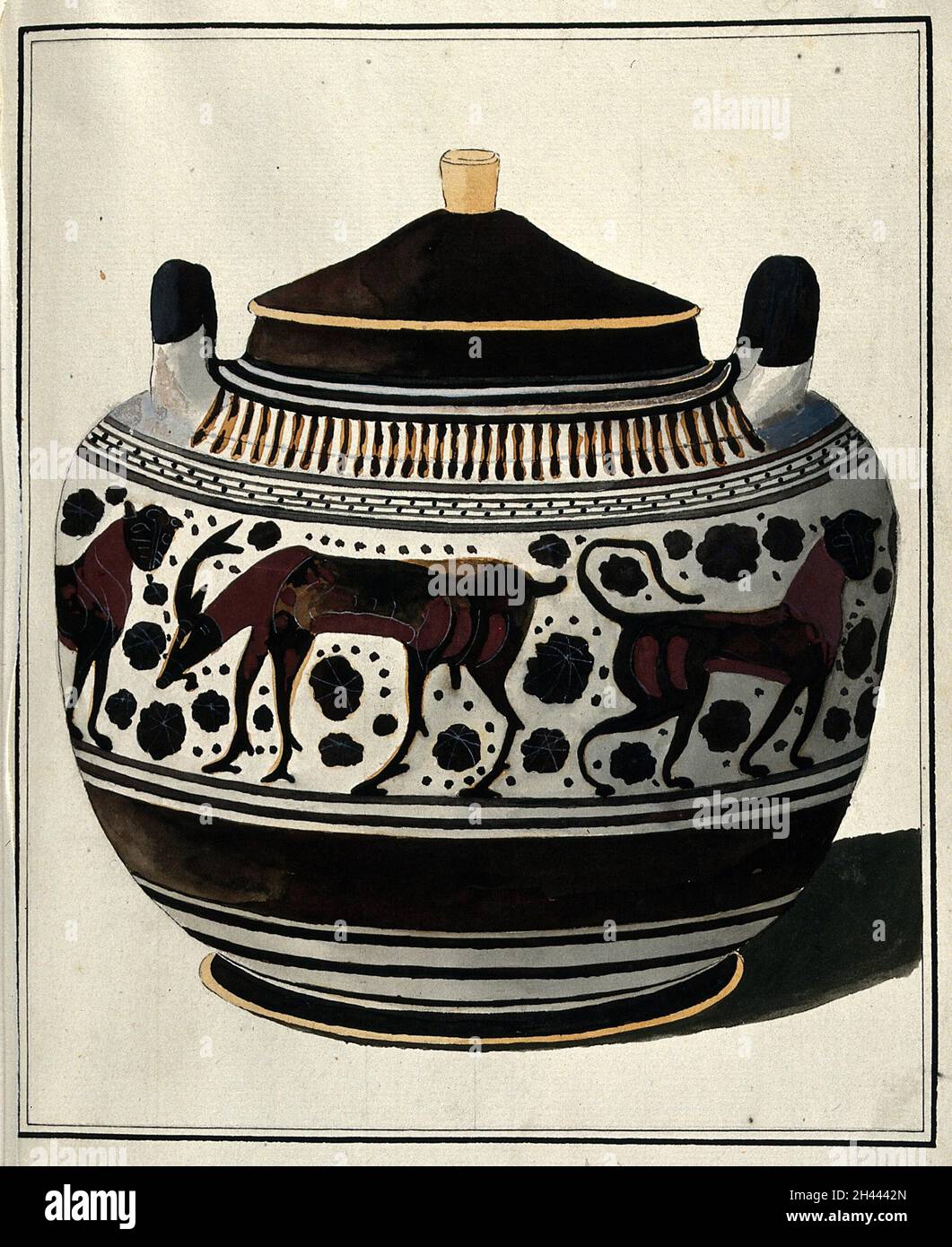 Greek lidded vessel (Corinthian lebes gamikos ?) decorated with a ...