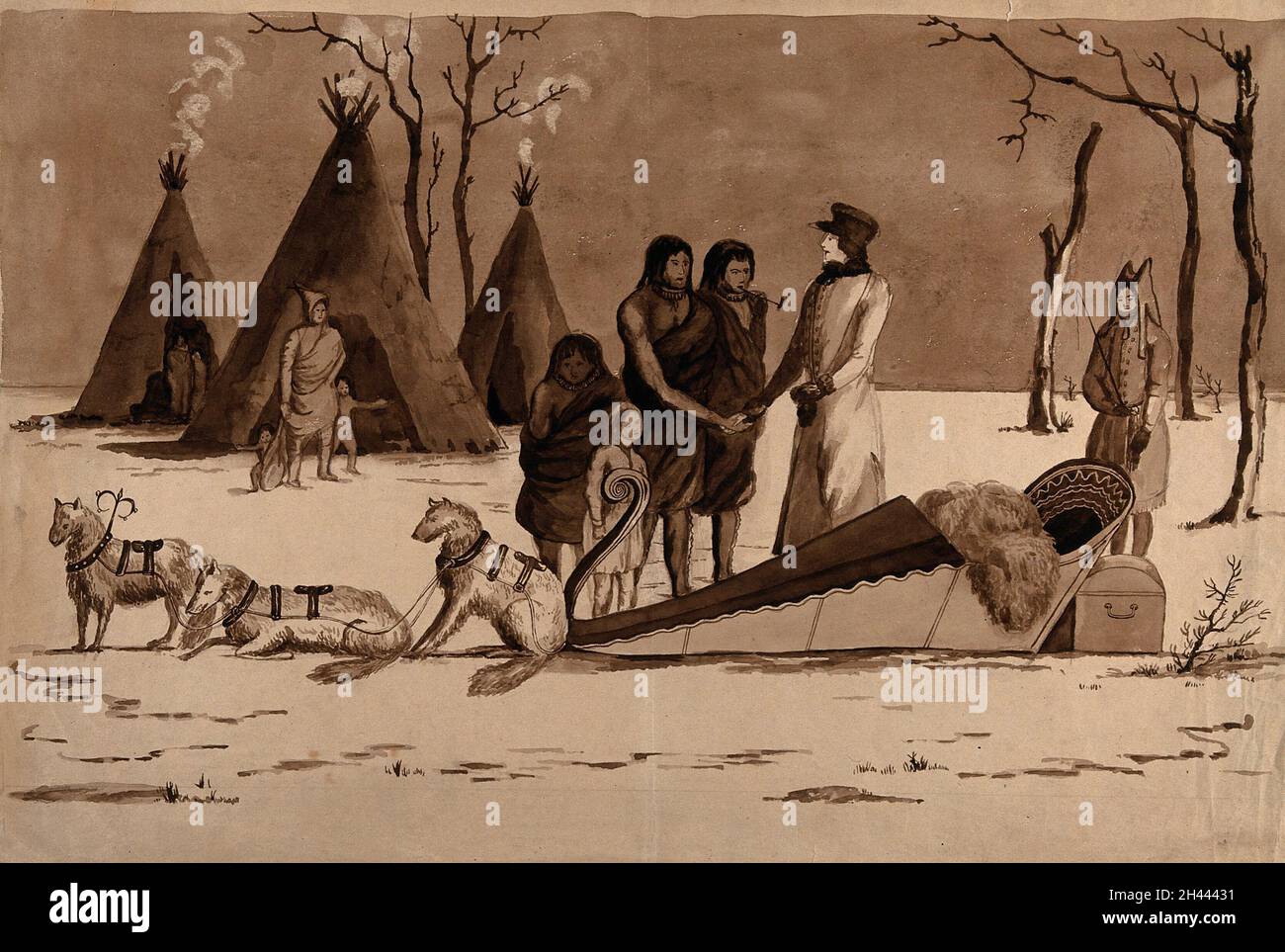 Native Americans shake hands with a Western visitor, who is shown ...