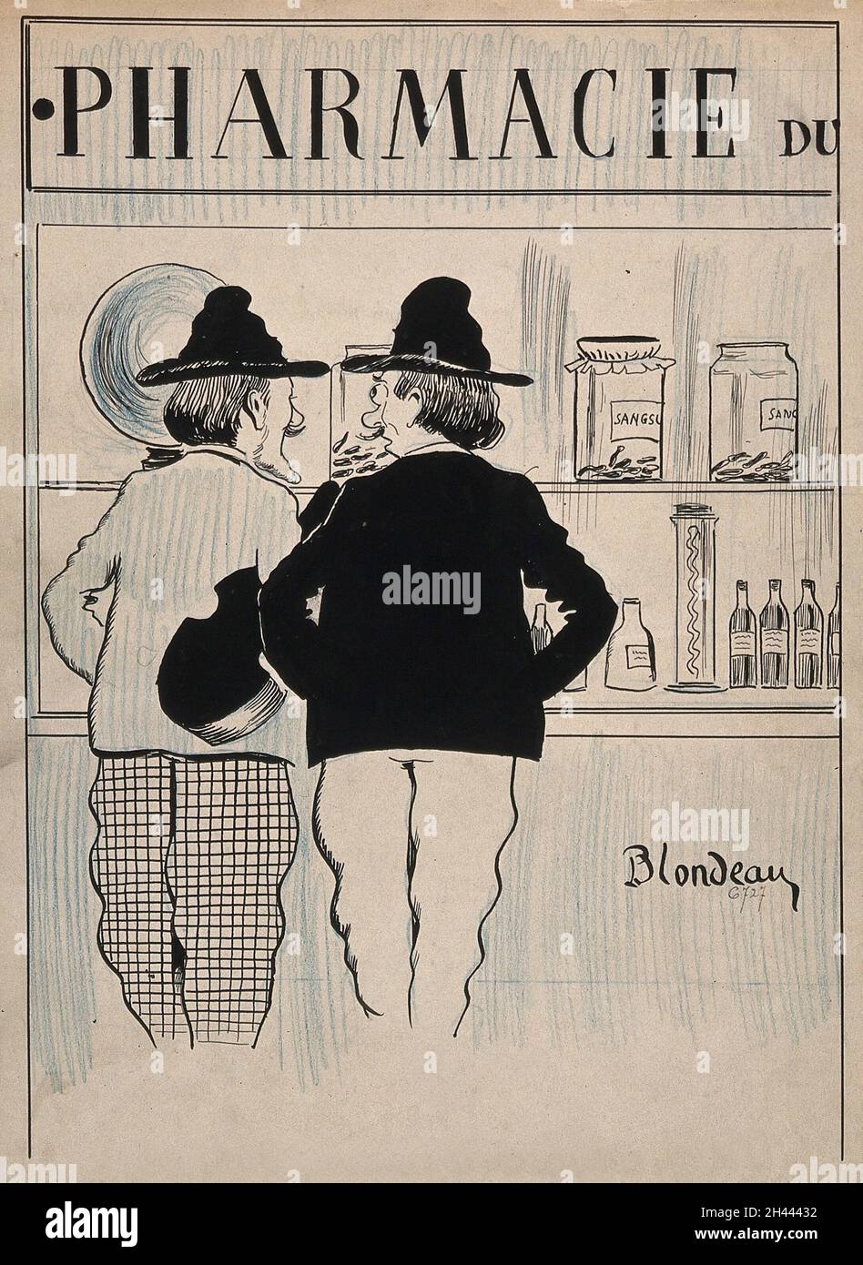 Two men share a joke about leeches in front of a pharmacy window ...