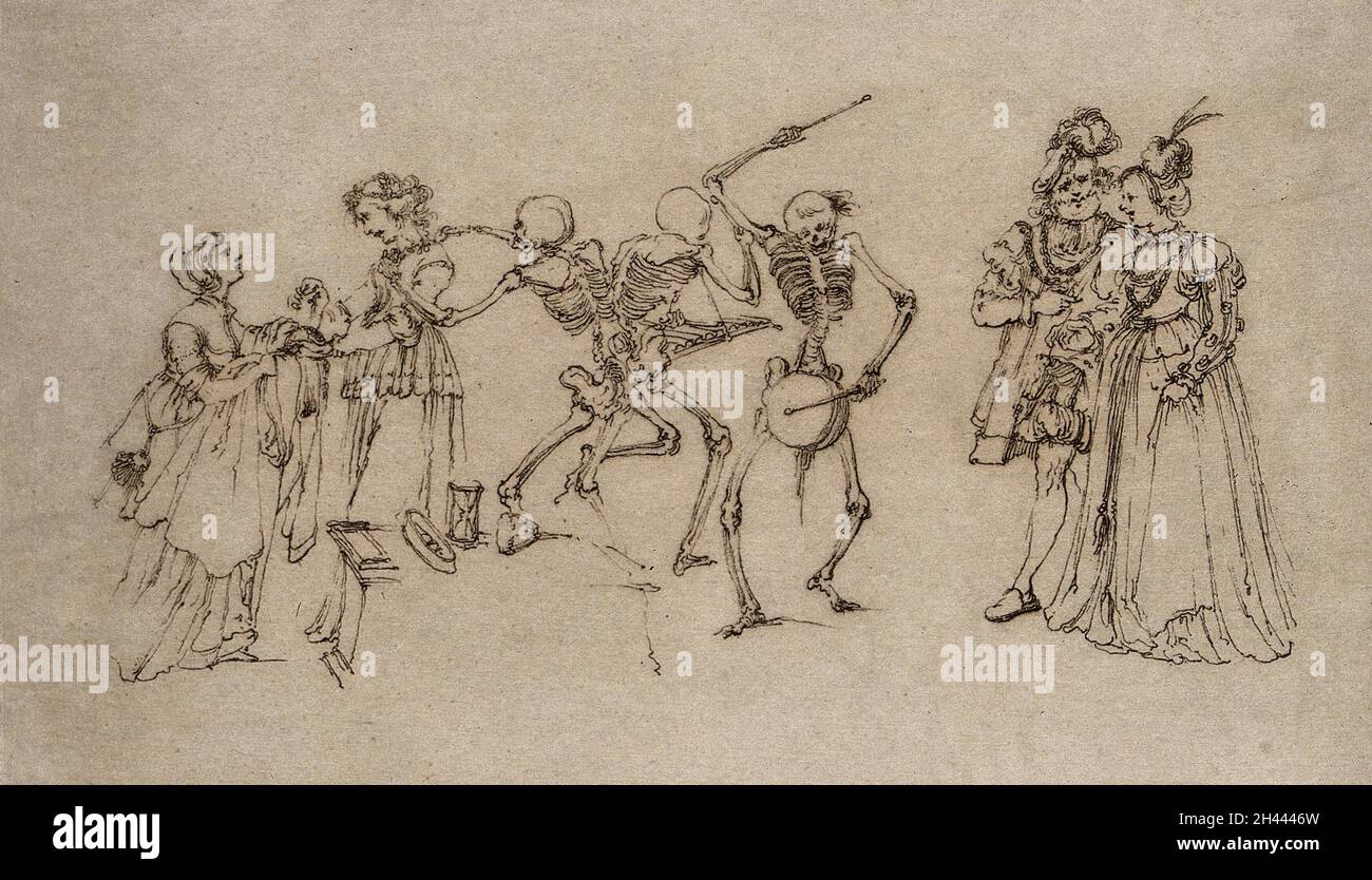 Dance of death: three music-making and dancing skeletons flanked by two ...