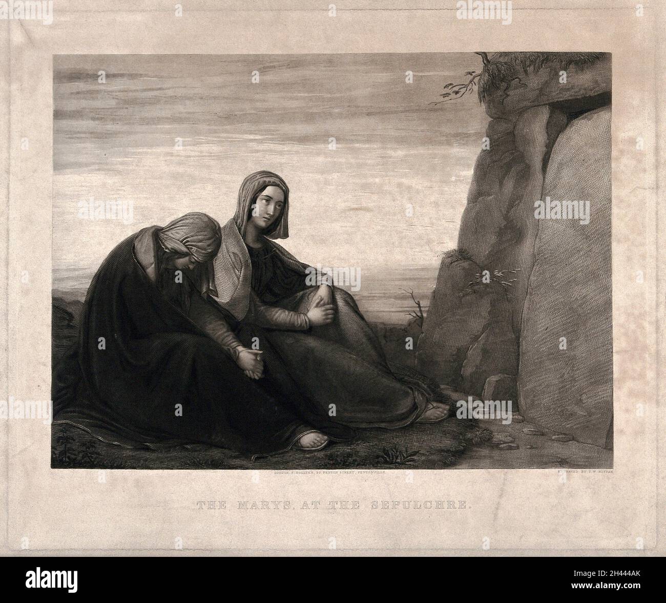 The Virgin Mary and Mary Magdalene sit outside the tomb of Christ ...