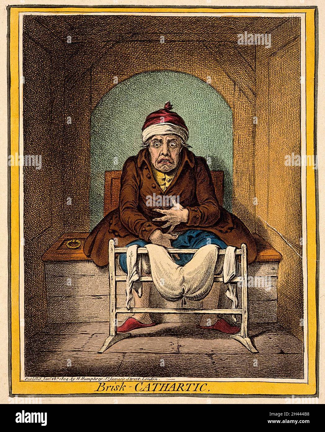 A sick man stranded on the toilet after taking a laxative. Coloured ...