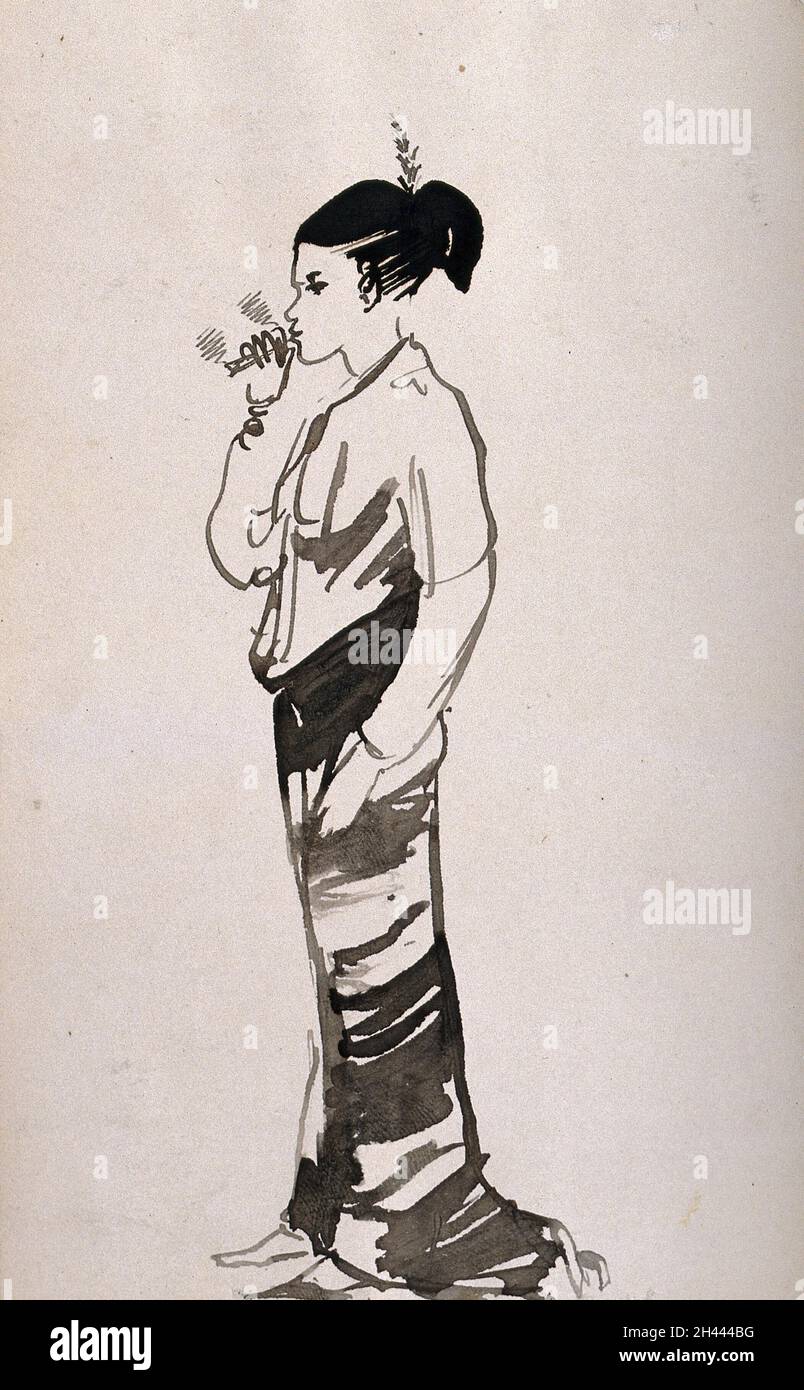 A figure standing in profile smoking a pipe. Ink drawing Stock Photo ...