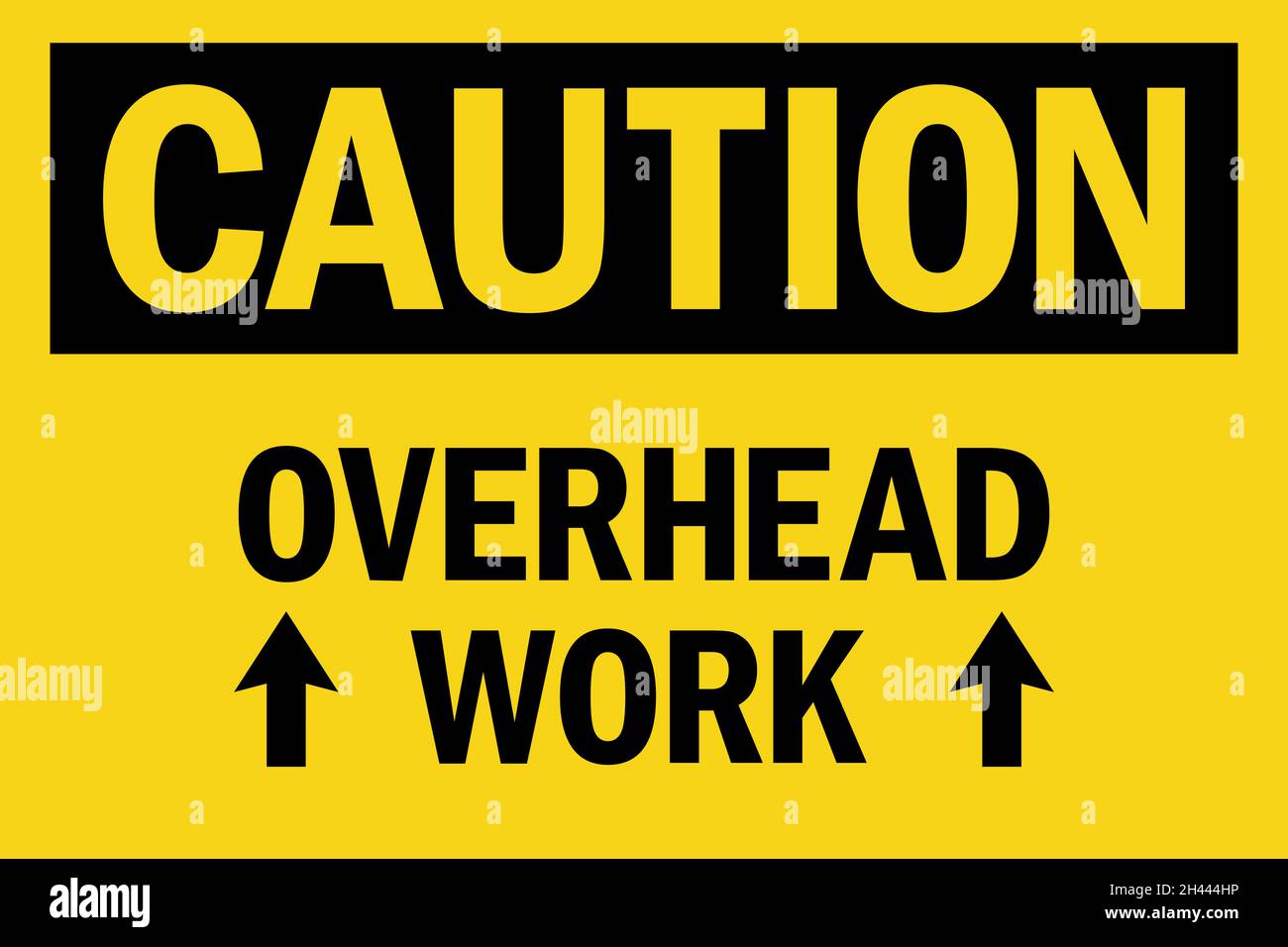 Overhead work caution sign. Black on yellow background. Warehouse ...