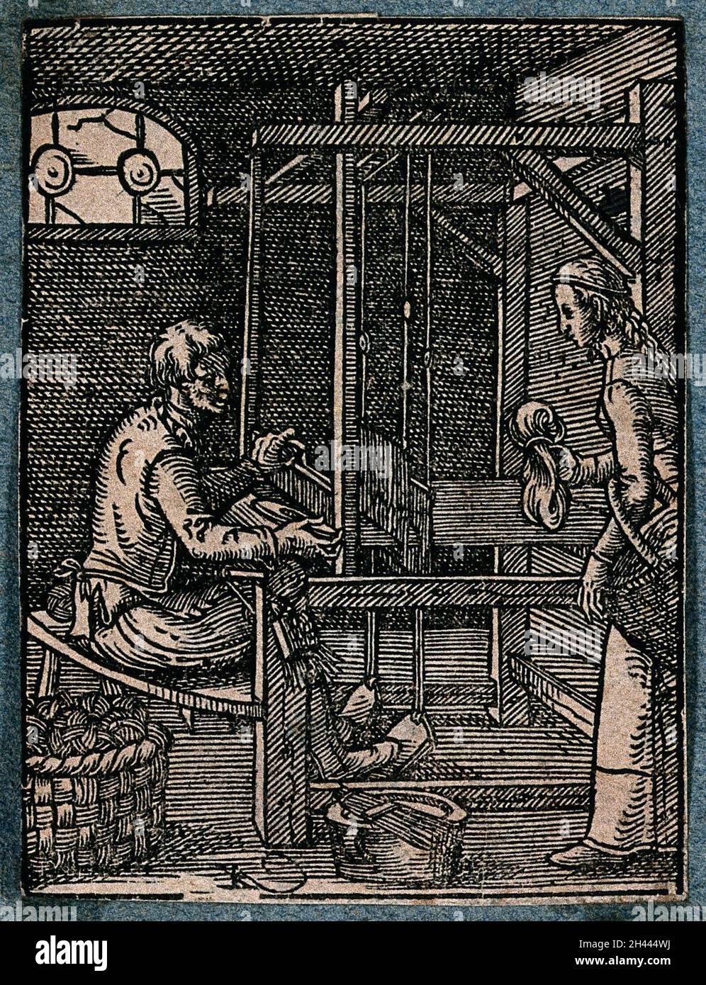 Textiles: two men weaving cloth on a loom. Woodcut Stock Photo - Alamy