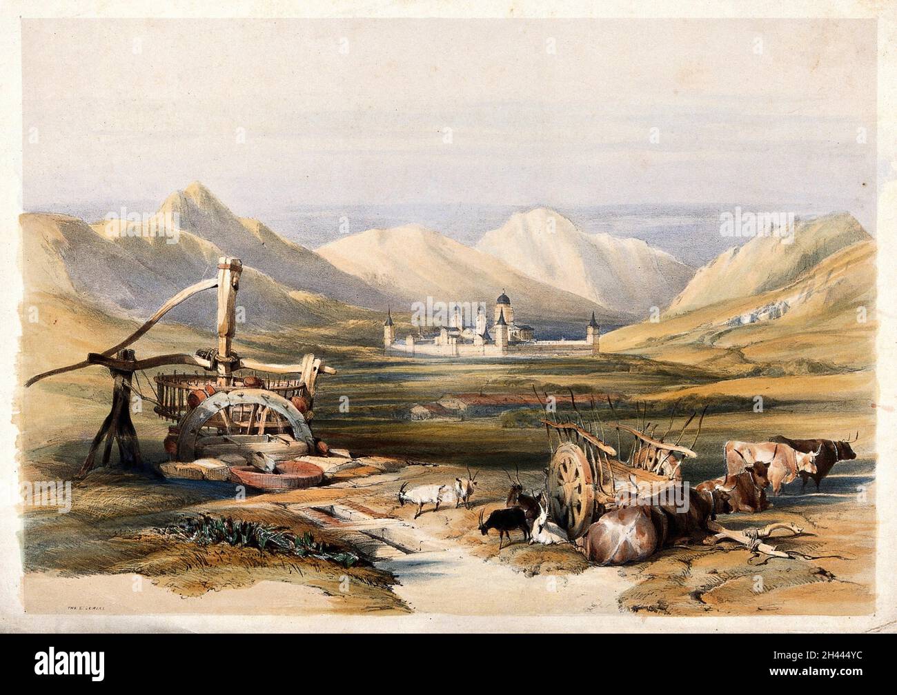 A water-wheel for raising water; in the background is the Escorial ...