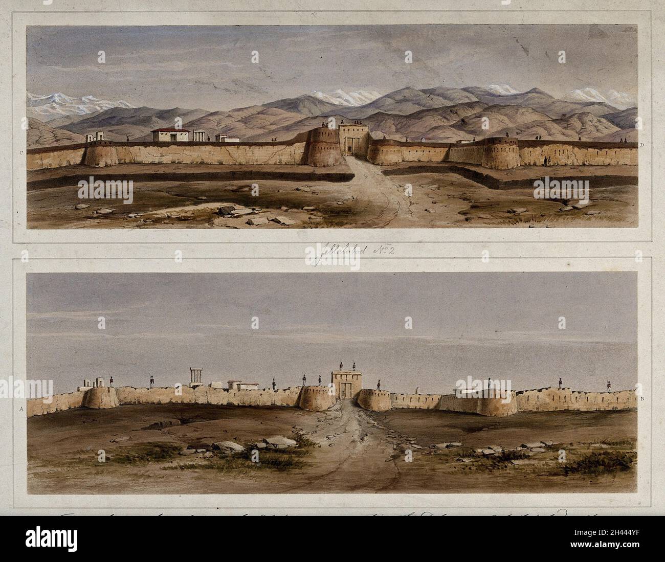 Earthquake damage to fortifications, with snow-covered mountains, Jalal ...