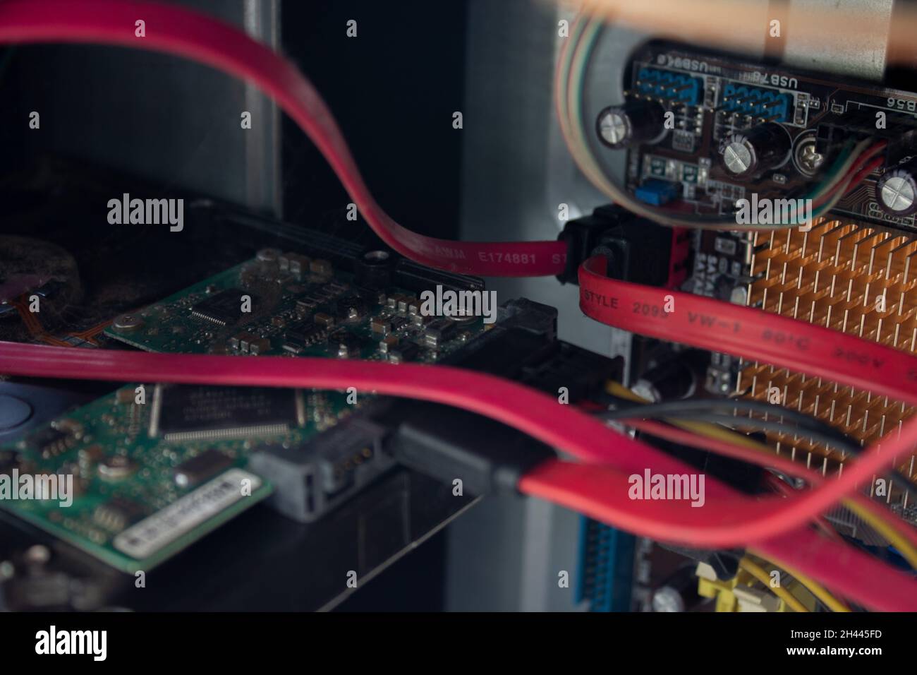 Inside of a dirty computer filled with dust and spider webs. Focused to ...