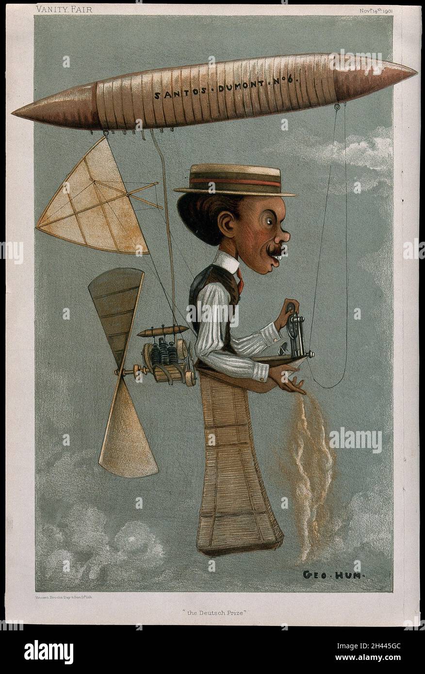 Alberto Santos-Dumont, aviator, with an airship attached to his head ...