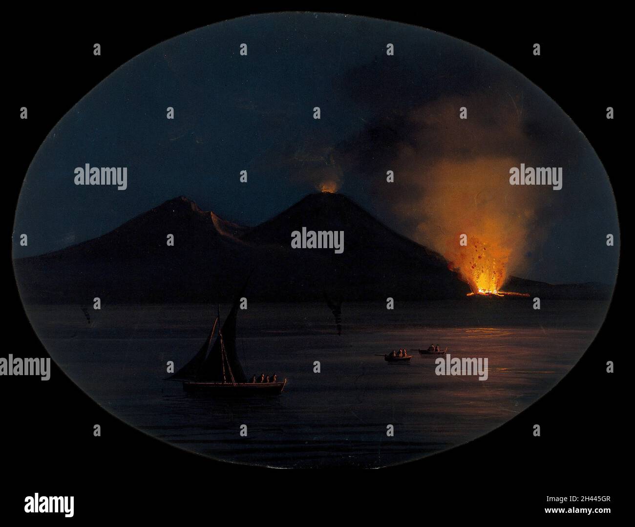 Mount Vesuvius at night, showing an eruption of smoke fire and lava at ...