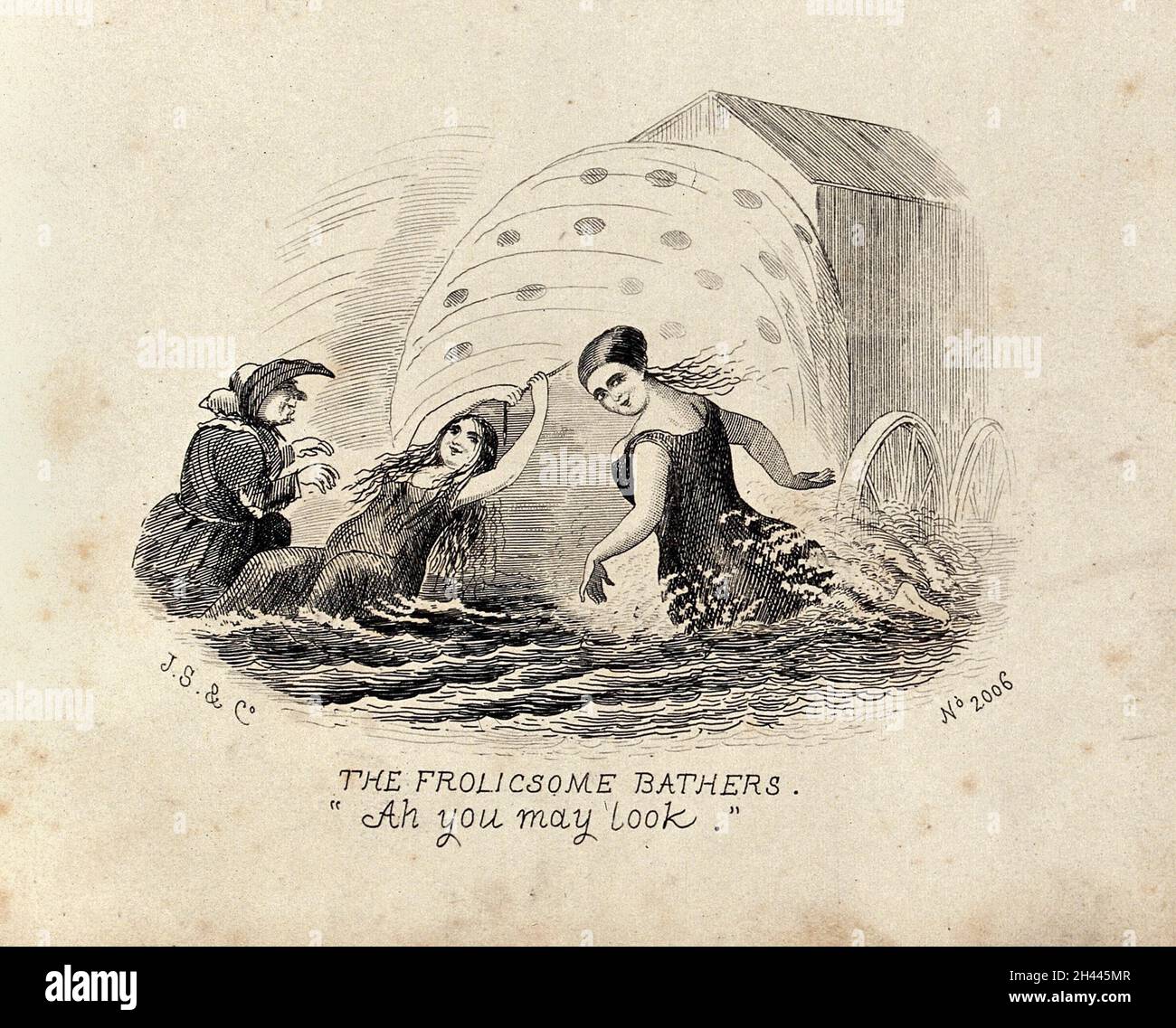 Two women bathing in the sea; a woman attendant stands to the left ...