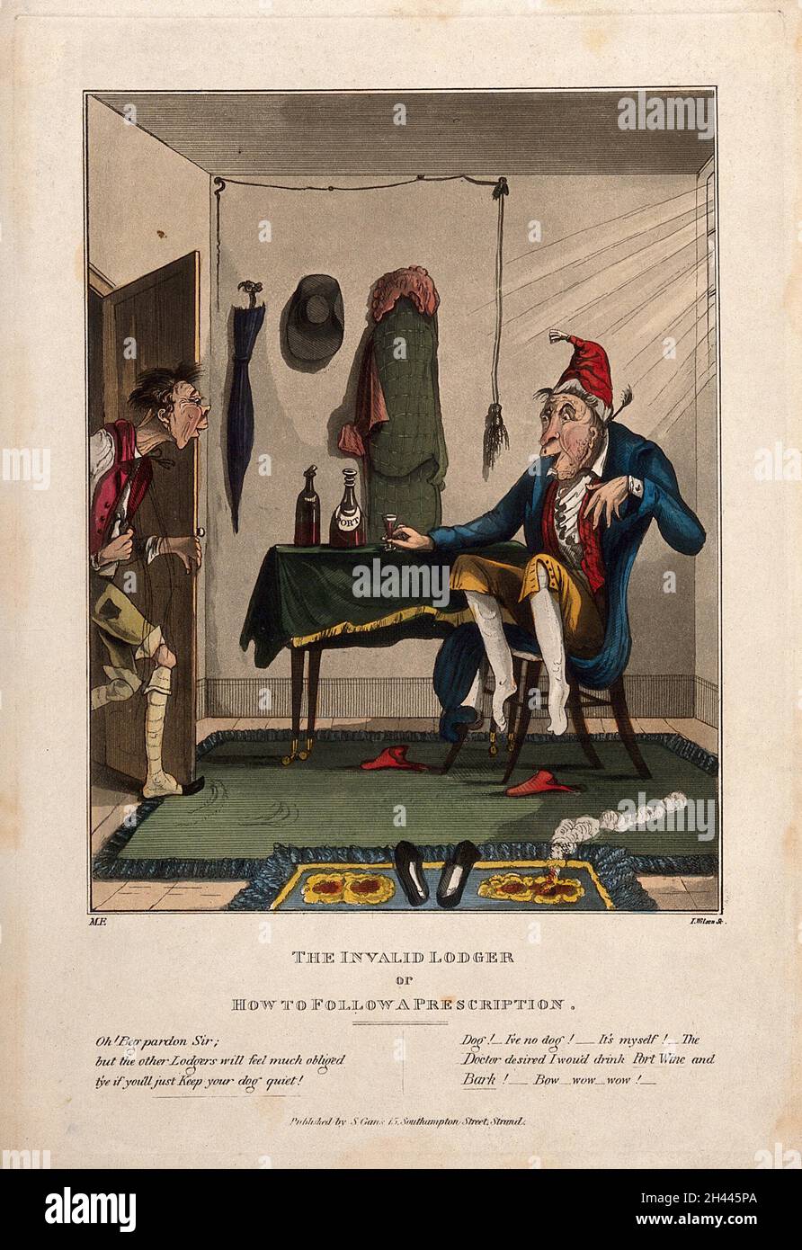 A man barking and drinking port, following a doctor's orders. Coloured ...