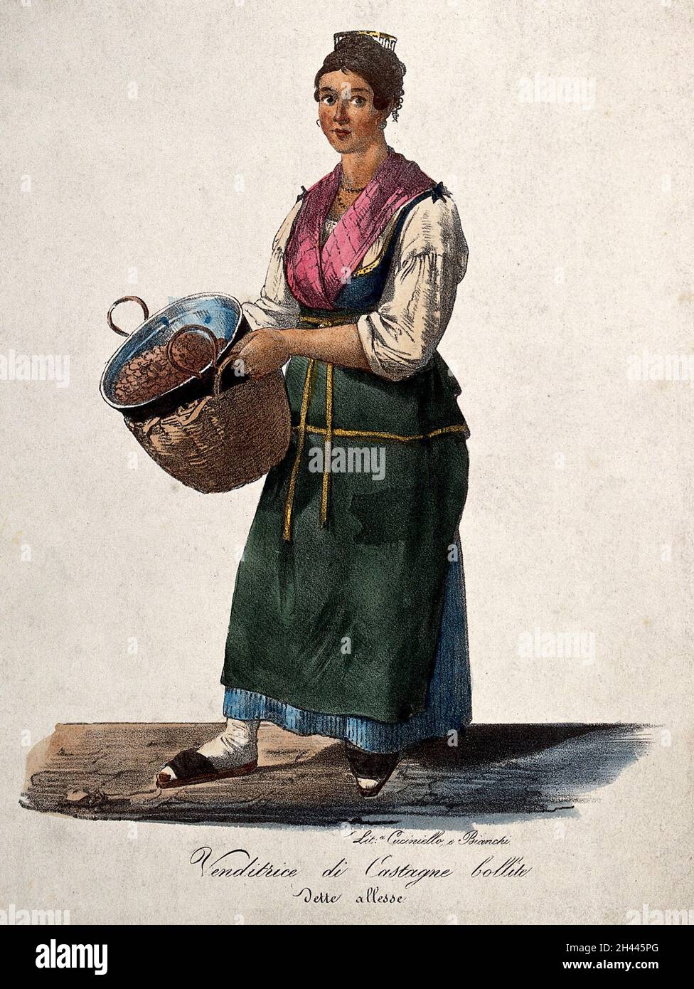 A Neapolitan woman has a cauldron of hot chestnuts in a basket to sell ...