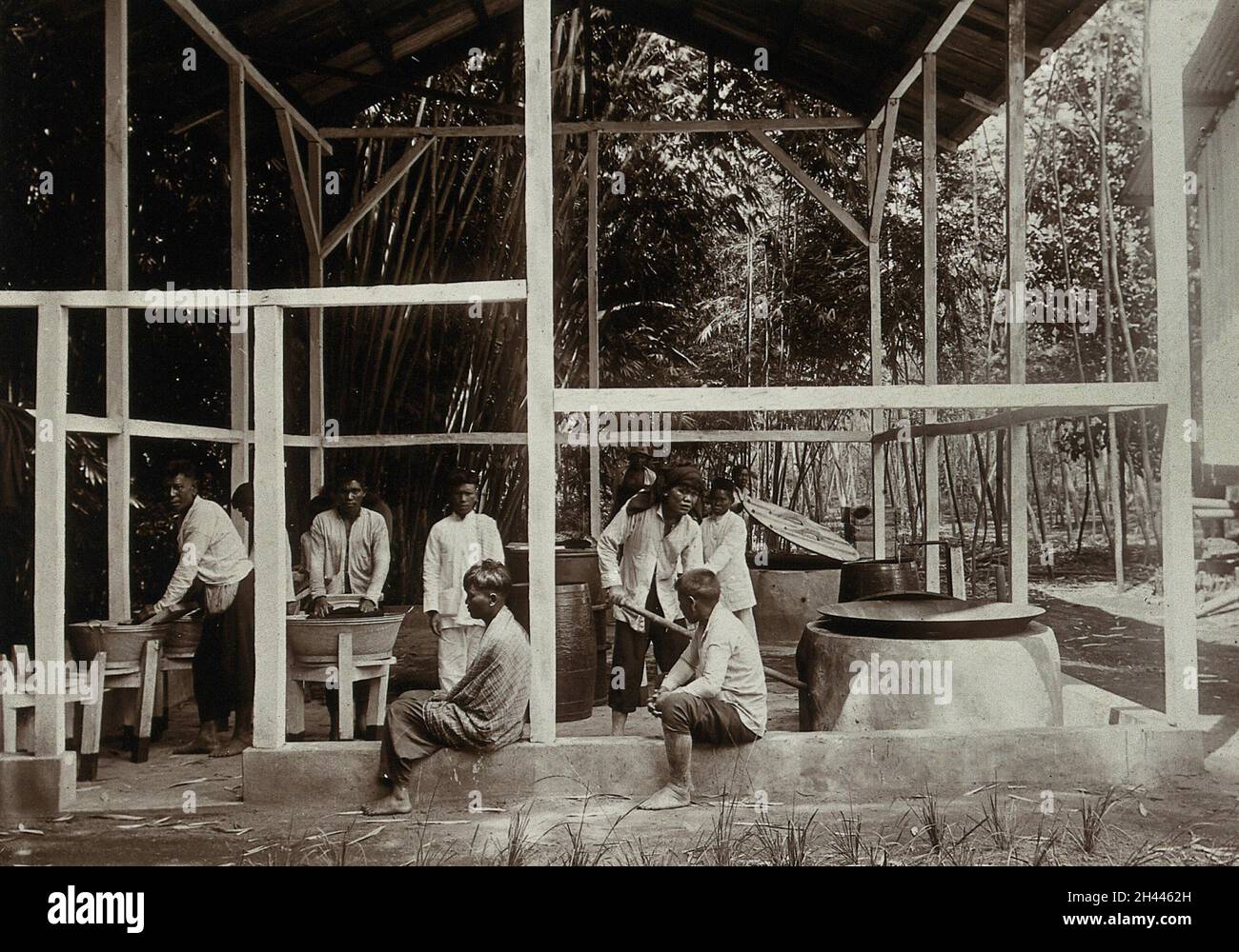 Leper asylum (?): clothes being washed and dried in large tubs, under a ...
