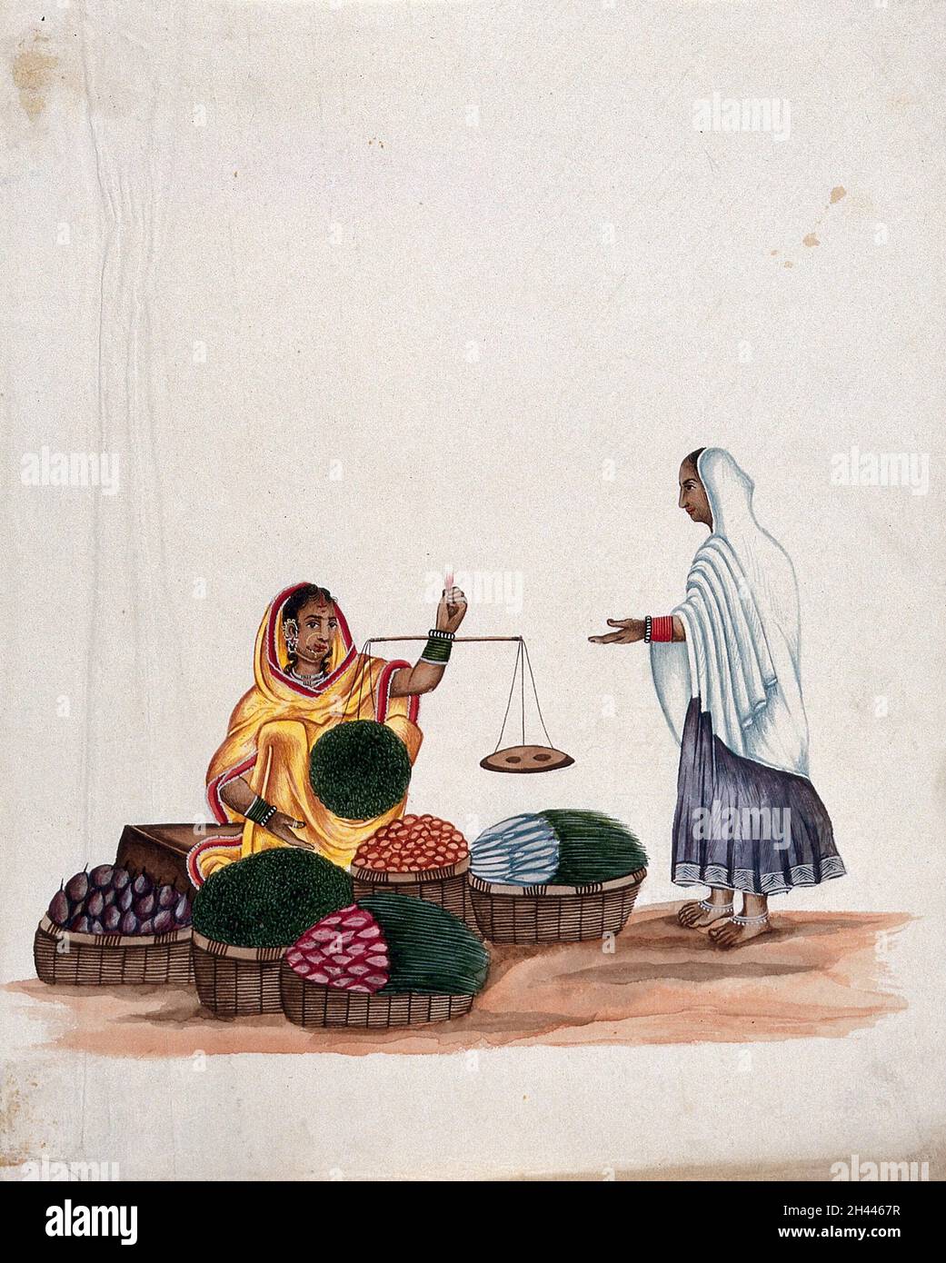A woman weighing vegetables for a female customer. Watercolour by an Indian painter Stock Photo ...