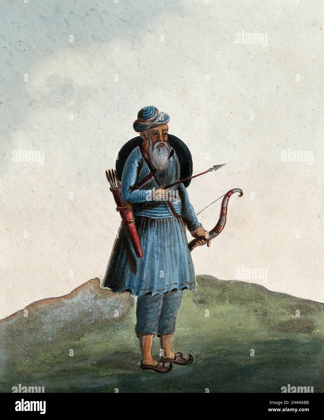 A man carrying a bow and arrow and a shield. Gouache painting by an ...