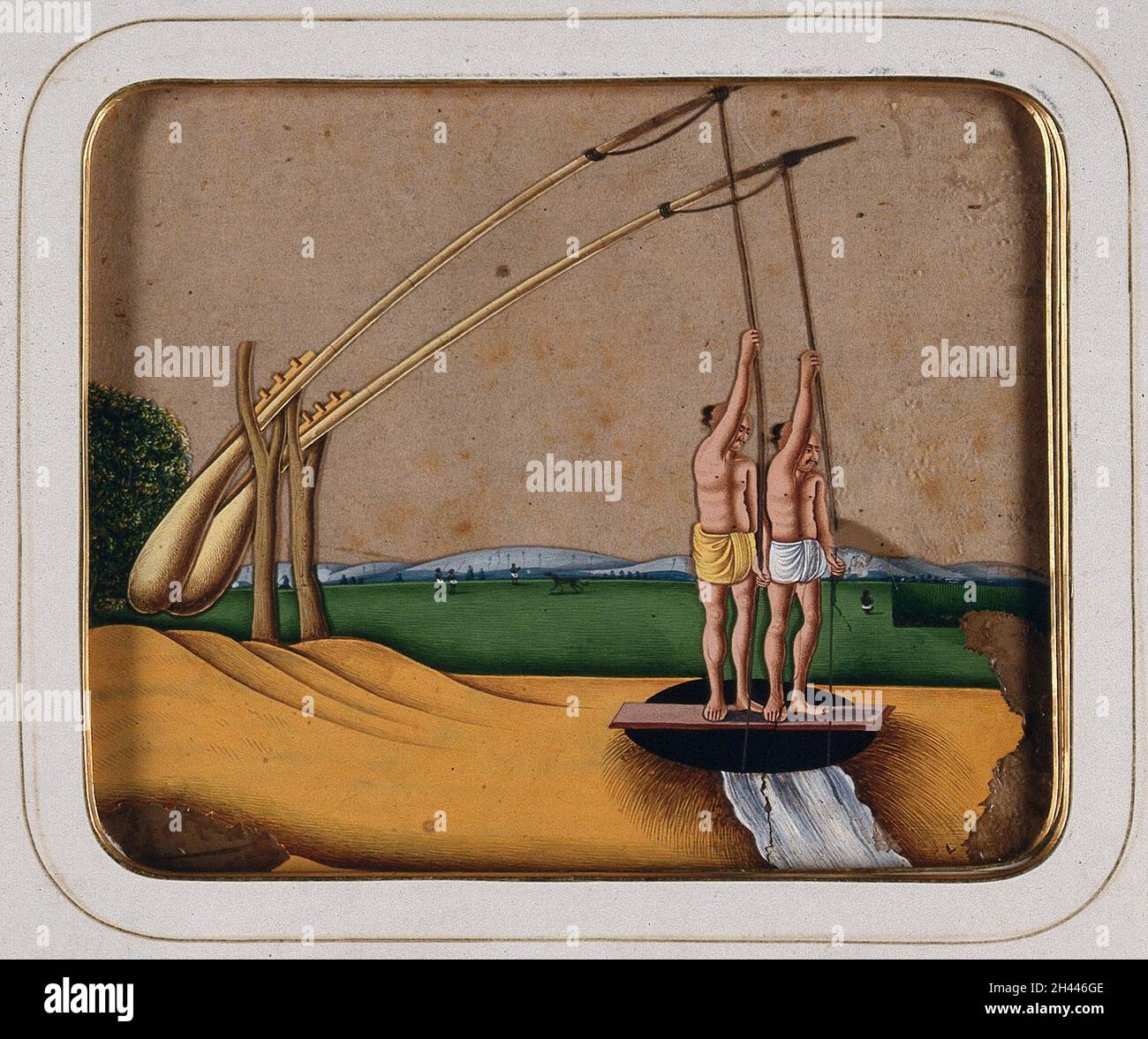 Two men operating a water-lifting device powered by a counterweight ...