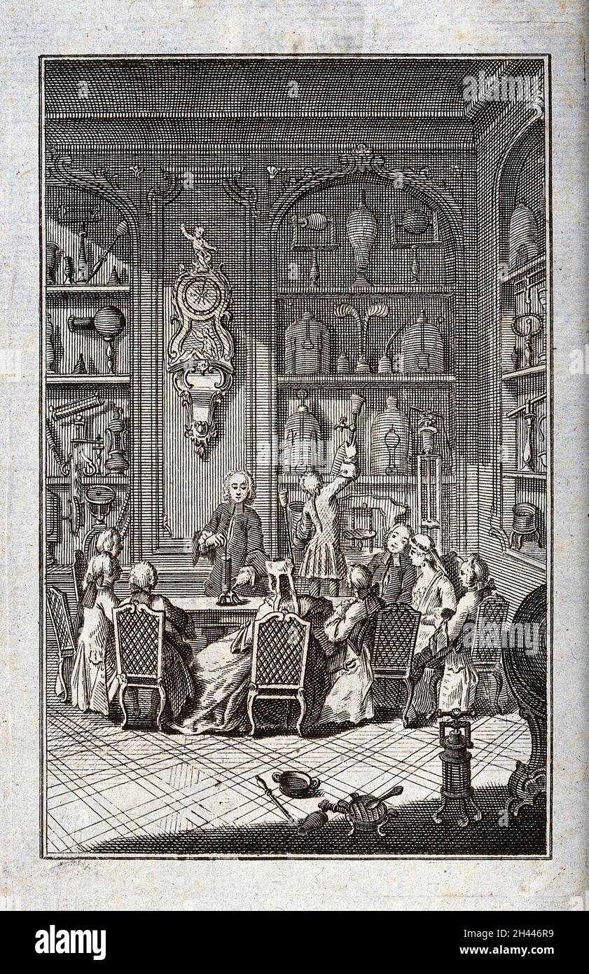 Abbé Jean-Antoine Nollet demonstrating chemical experiments to a party ...