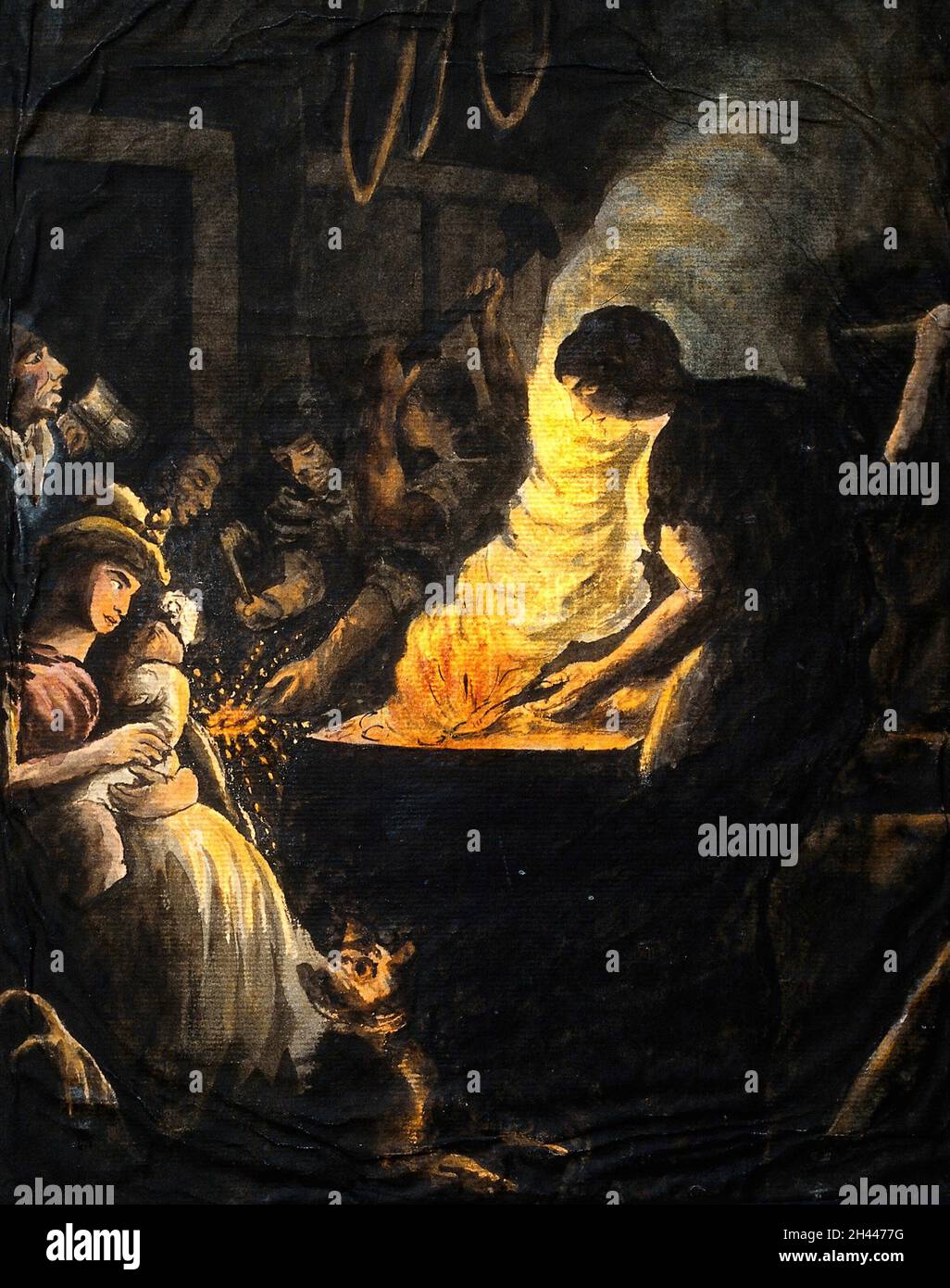 The forge of a blacksmith: smiths at work, attended by a woman with a ...