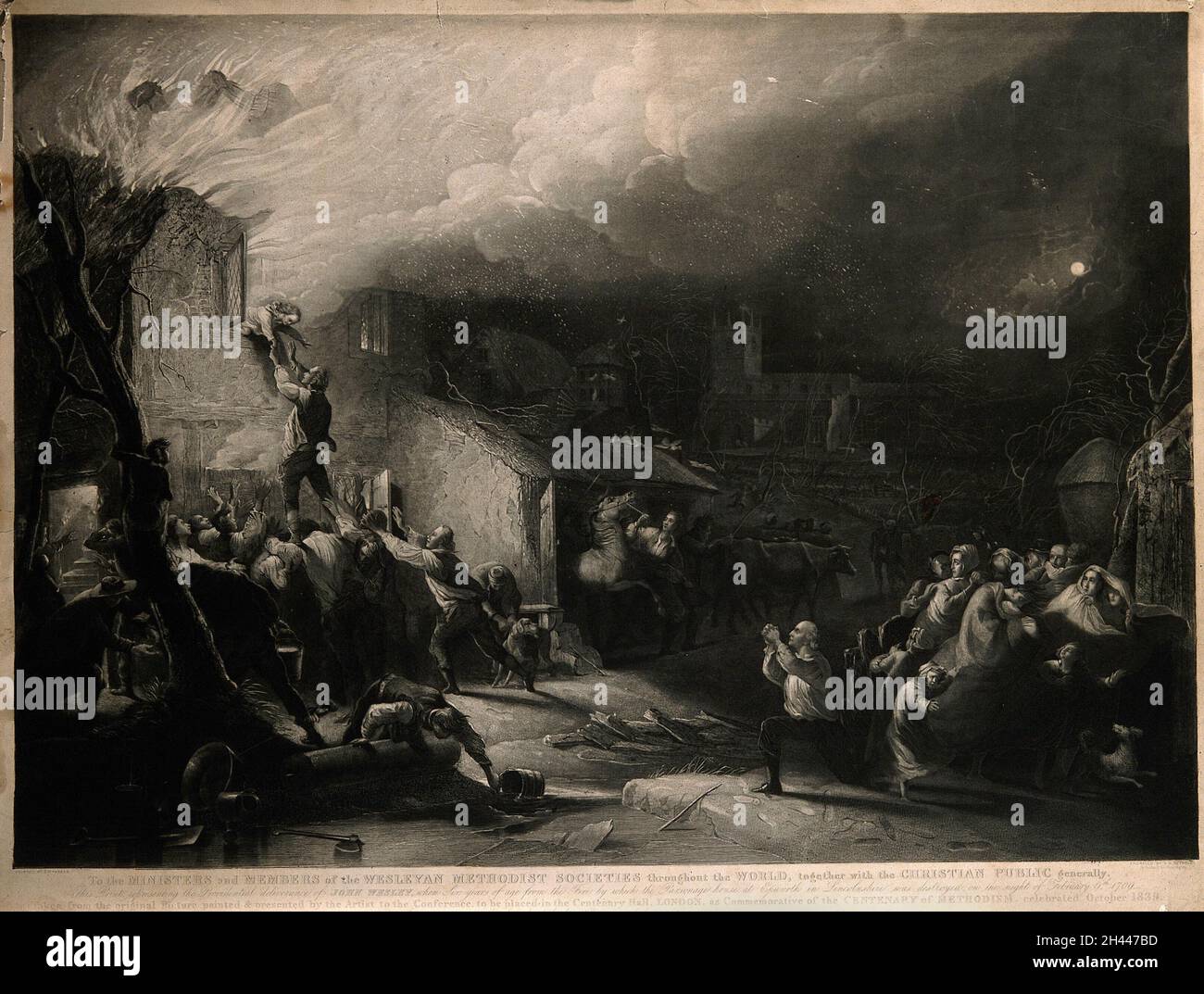 The rescue of the young John Wesley from the burning parsonage at ...