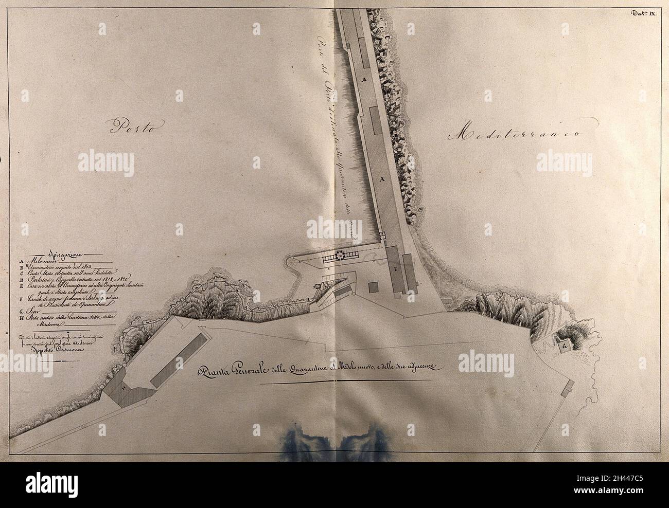 Quarantine section of an Italian port. Pen drawing by I. Cremona, 1813 ...