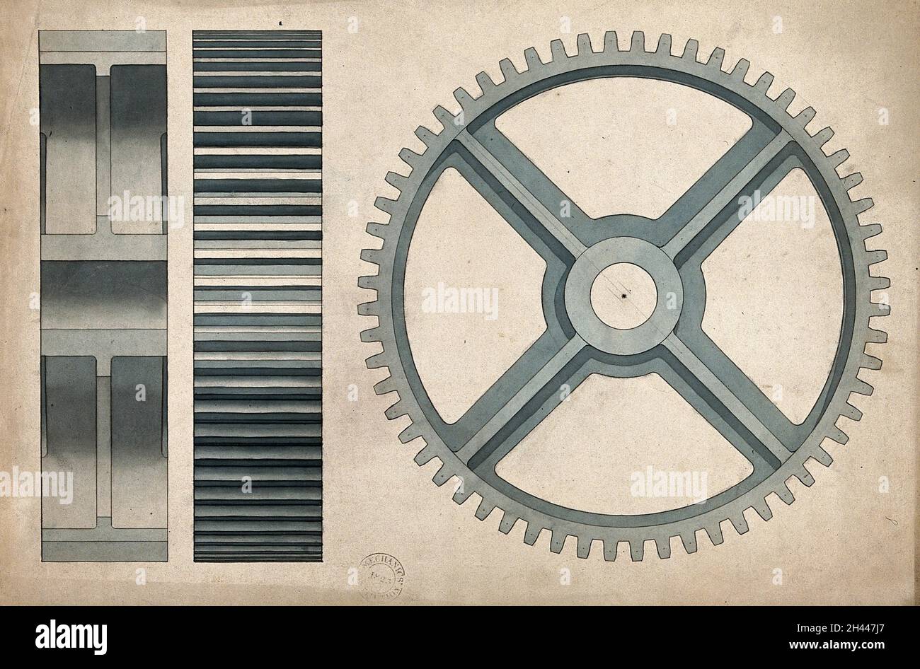 Engineering: a large cogwheel, front and side elevations. Coloured ...