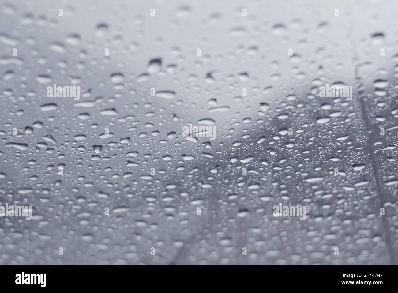 Raindrops dripping across a window in a cold winter day. Close up ...
