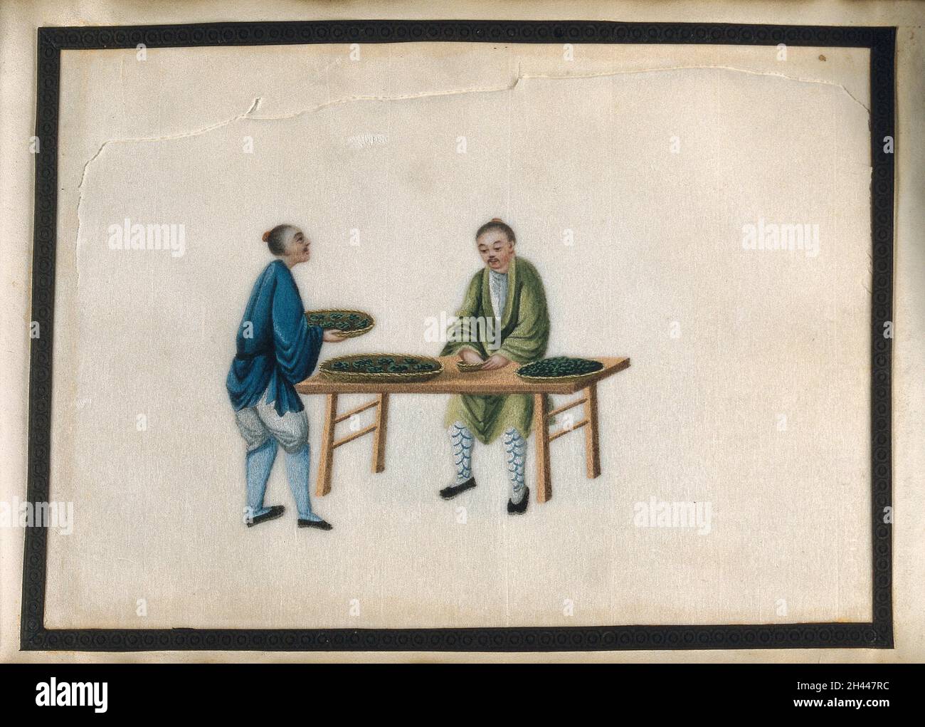 A man brings tea samples to an overseer (?) seated at a table. Gouache ...