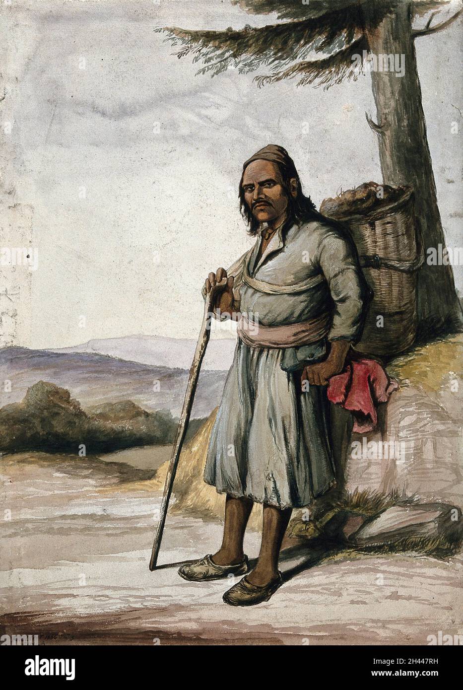 A man of Simla, standing with a panier on his back. Watercolour by R ...