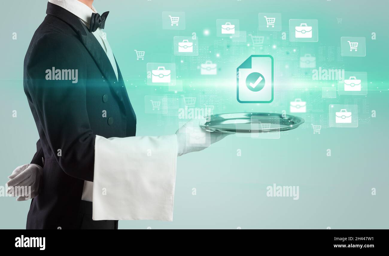 Waiter serving business idea concept Stock Photo - Alamy