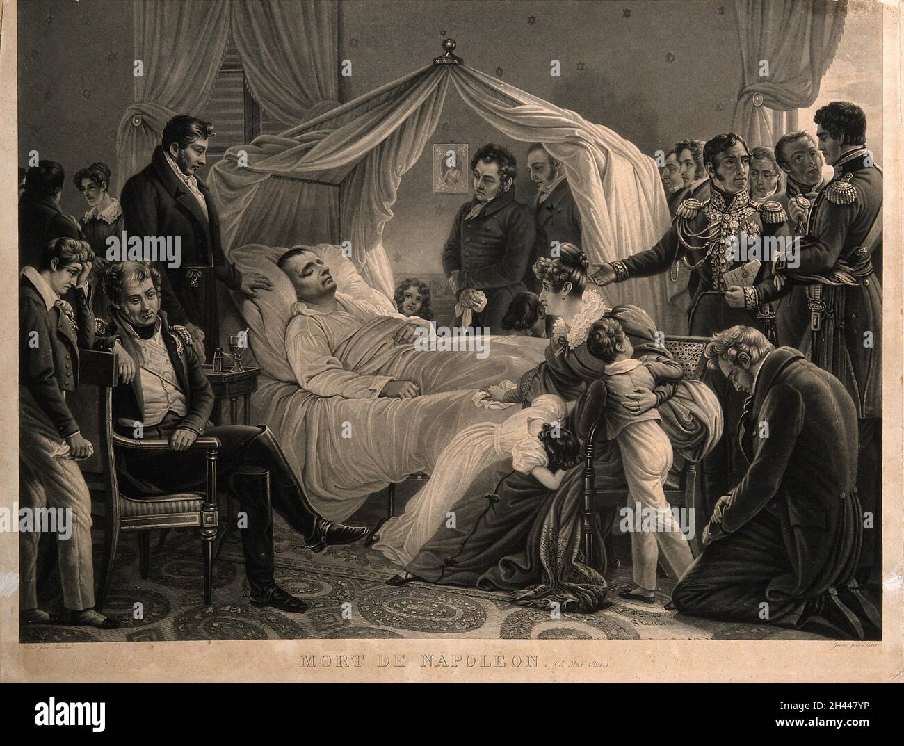 The death of Napoleon Bonaparte at St Helena in 1821. Intaglio print by ...