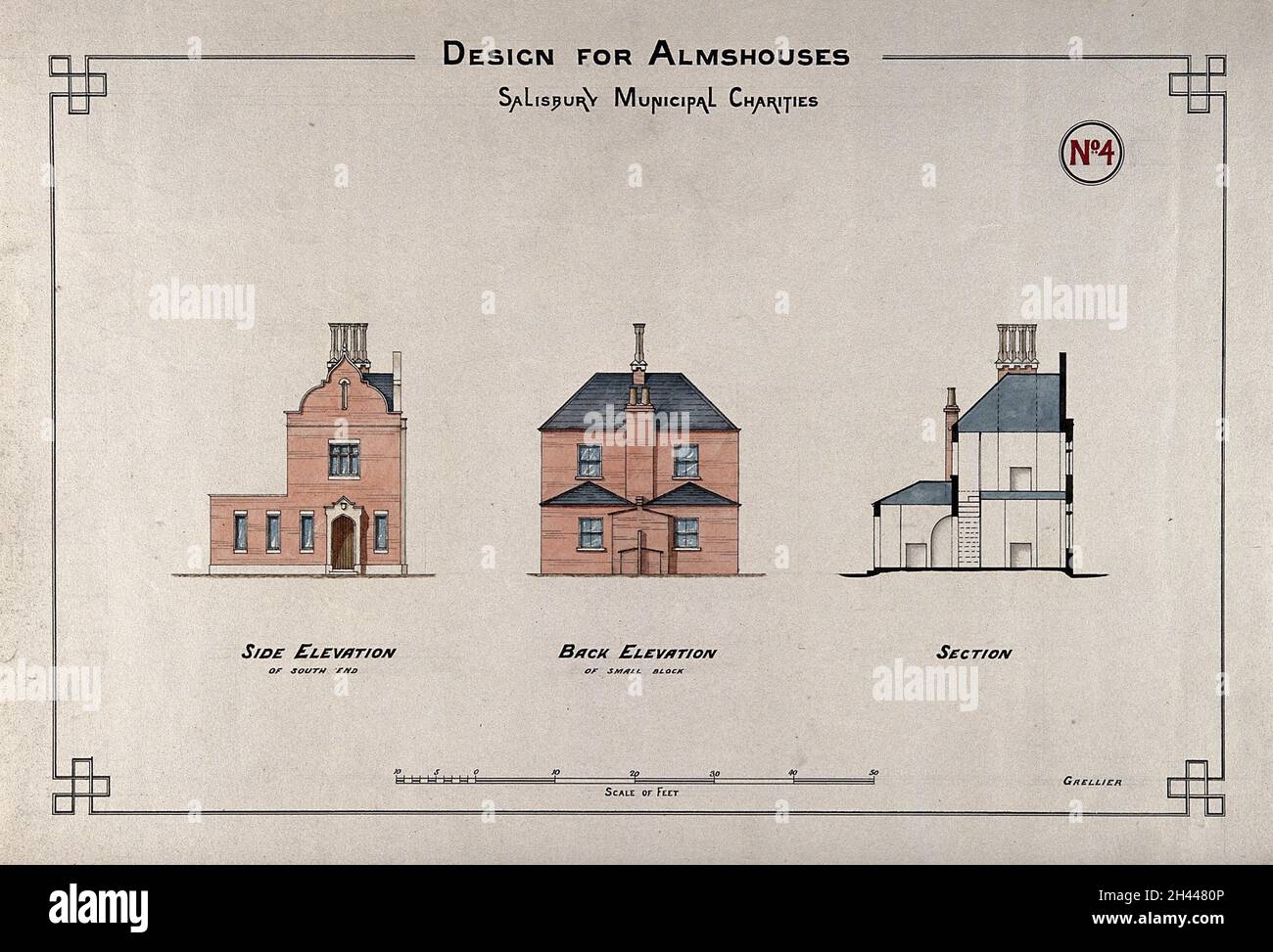 Almshouse, Salisbury: side and back elevations and section. Coloured ...