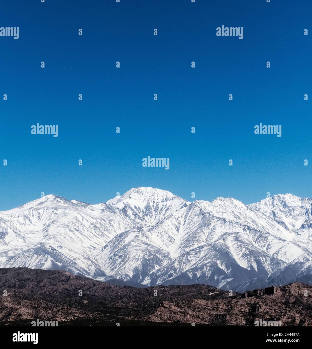 Snowy Andes mountains, as seen from Potrerillos, Mendoza, Argentina, in ...