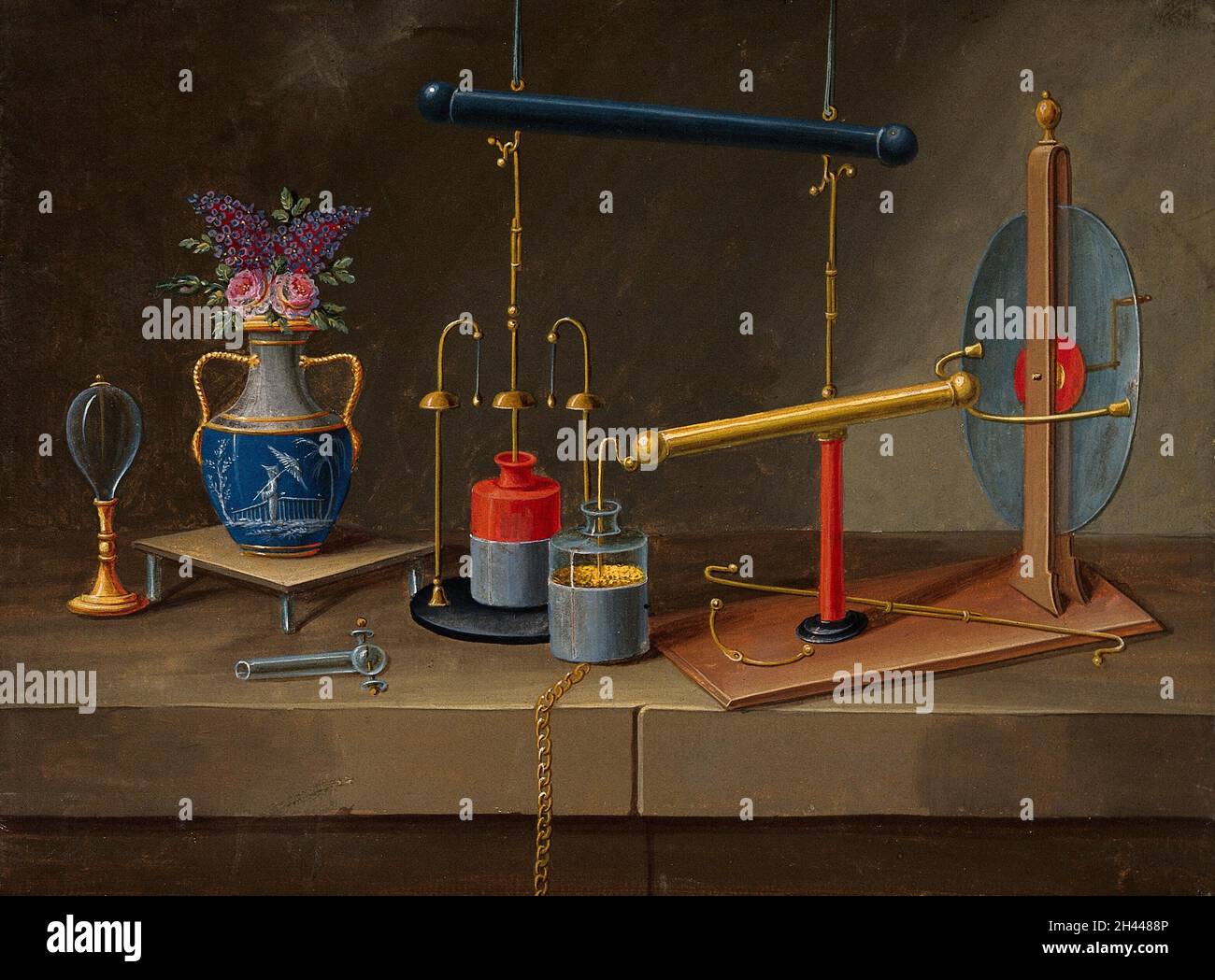 Electricity: condenser jars, an electro-static generator, and a vase ...
