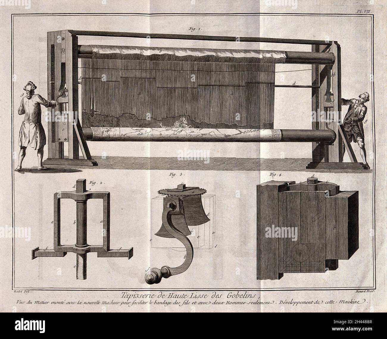 Textiles: tapestry weaving, a new type of loom being raised to working ...