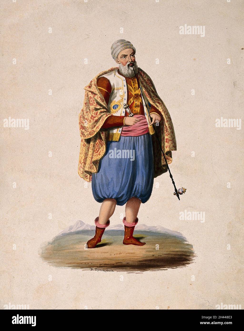 An Ottoman nobleman stands smoking a long-stemmed pipe. Watercolour by ...