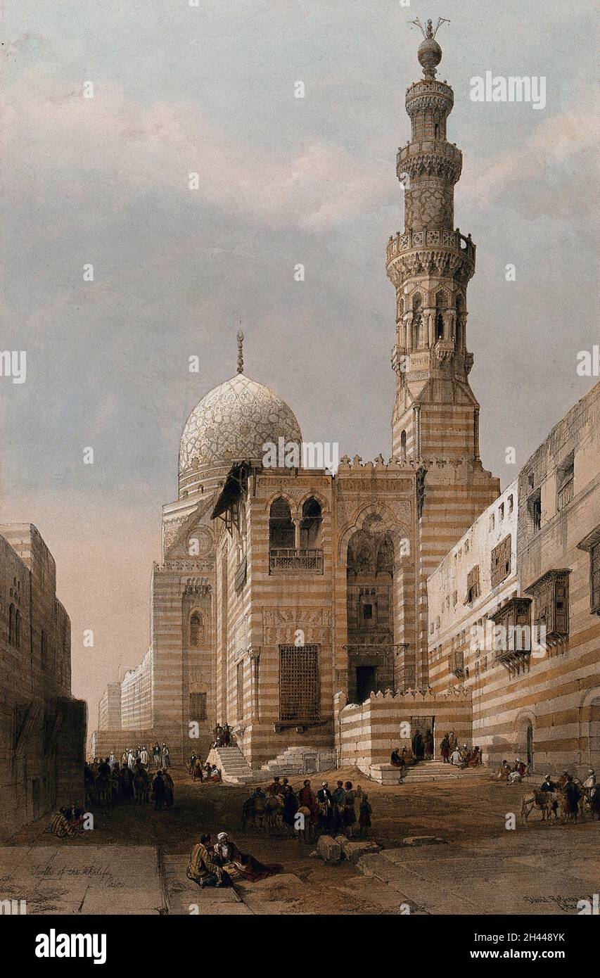 Tombs of the caliphs, with minaret, Cairo, Egypt. Coloured lithograph ...