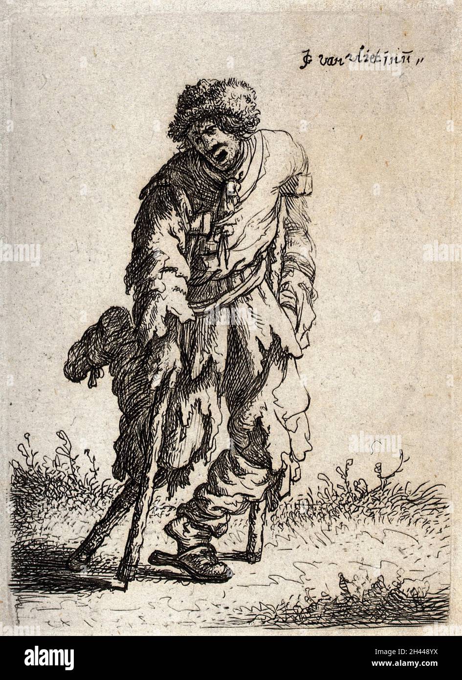 A man in ragged clothes walking with two crutches and a wooden leg ...