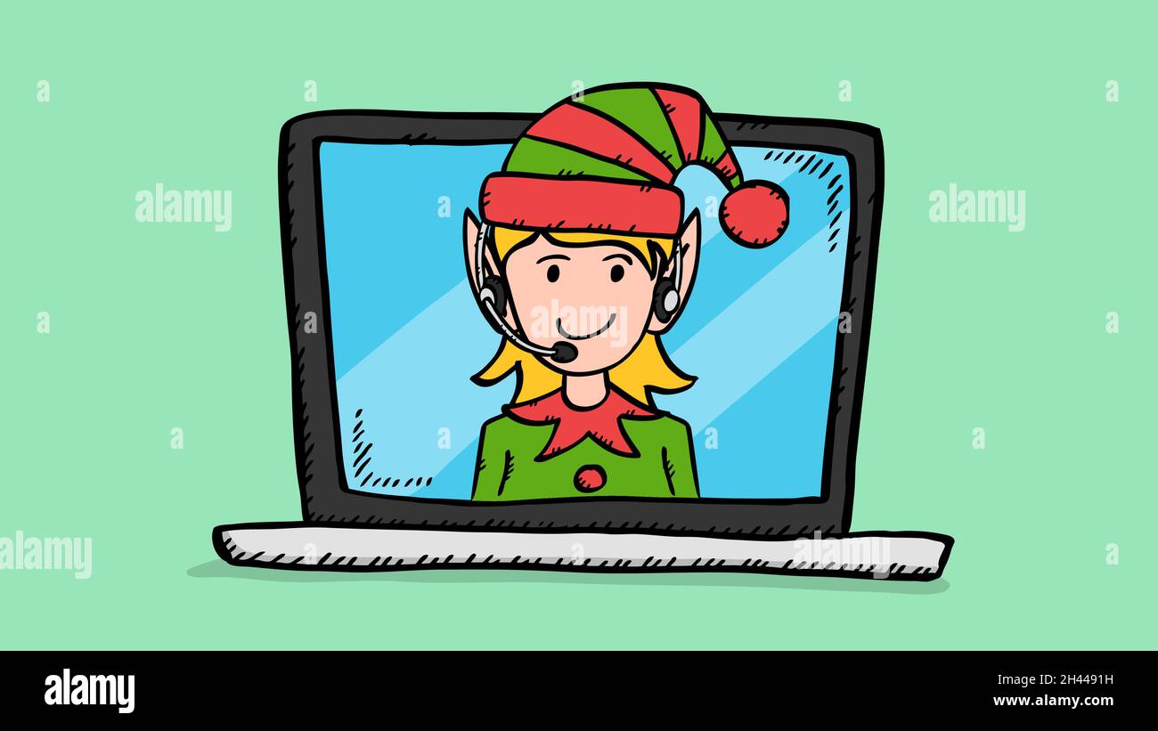 Hand draw vector doodle of Elf girl with headphones on laptop screen ...