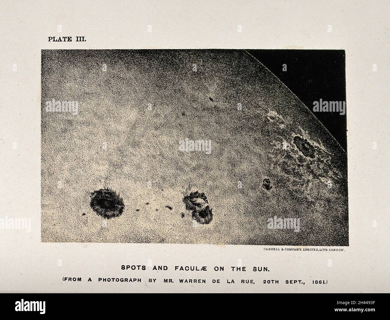 Astronomy: the sun, showing a sunspot. Lithograph after de la Mare ...
