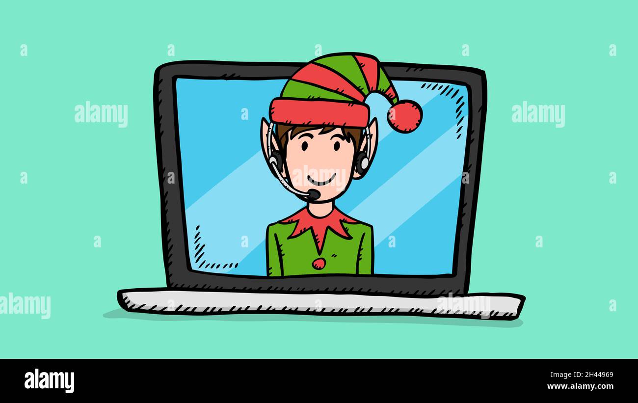 Hand draw vector doodle of Elf customer service support on laptop ...