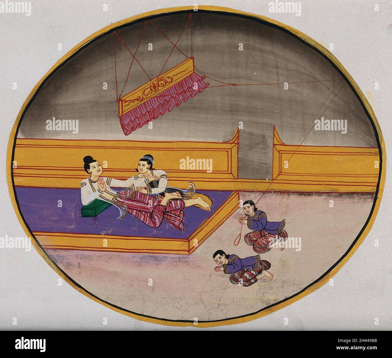 Burma: two figures reclining on a bed in a palace, while one servant ...